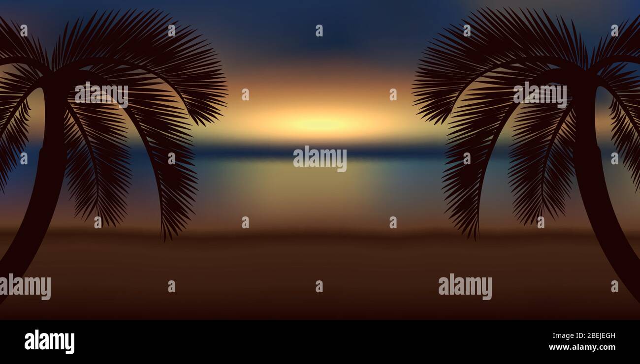 magic sunset on the beach with palm tree vector illustration EPS10 ...