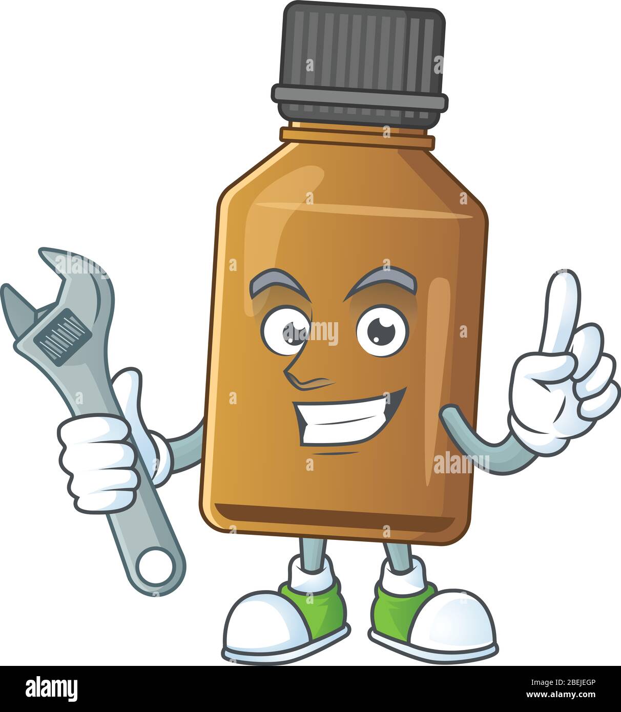 A mechanic syrup cure bottle mascot character fix a broken machine ...