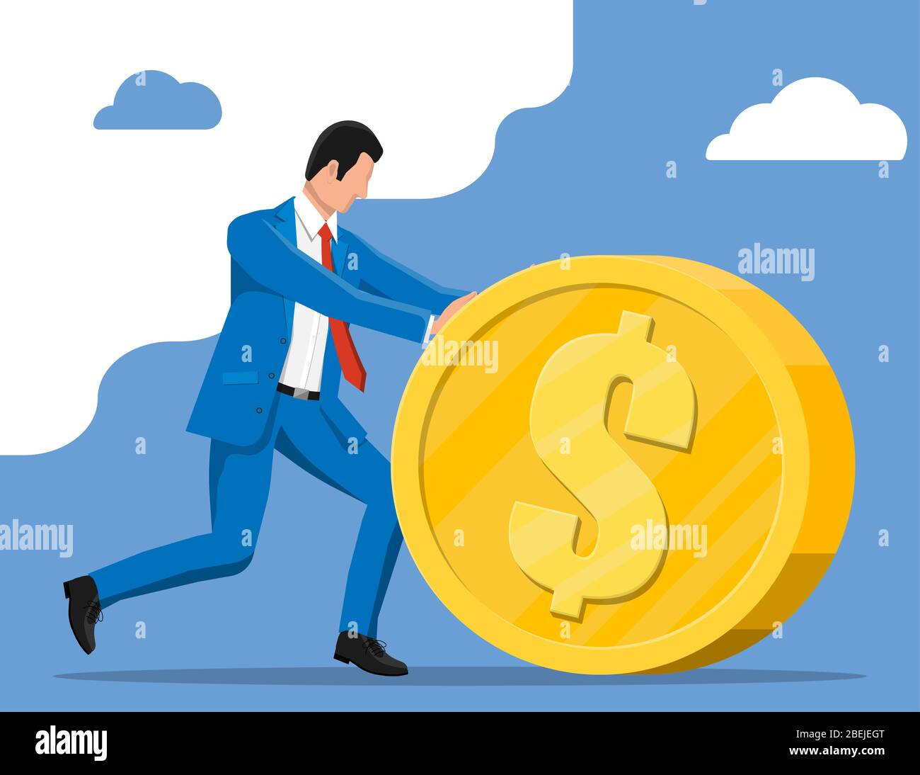 Businessman pushing large golden coin. Businessman with big gold coin ...