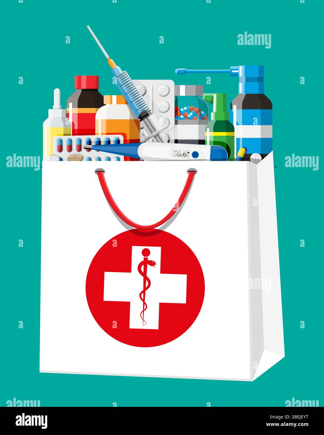 Medicine collection in bag. Set of bottles, tablets, pills, capsules ...
