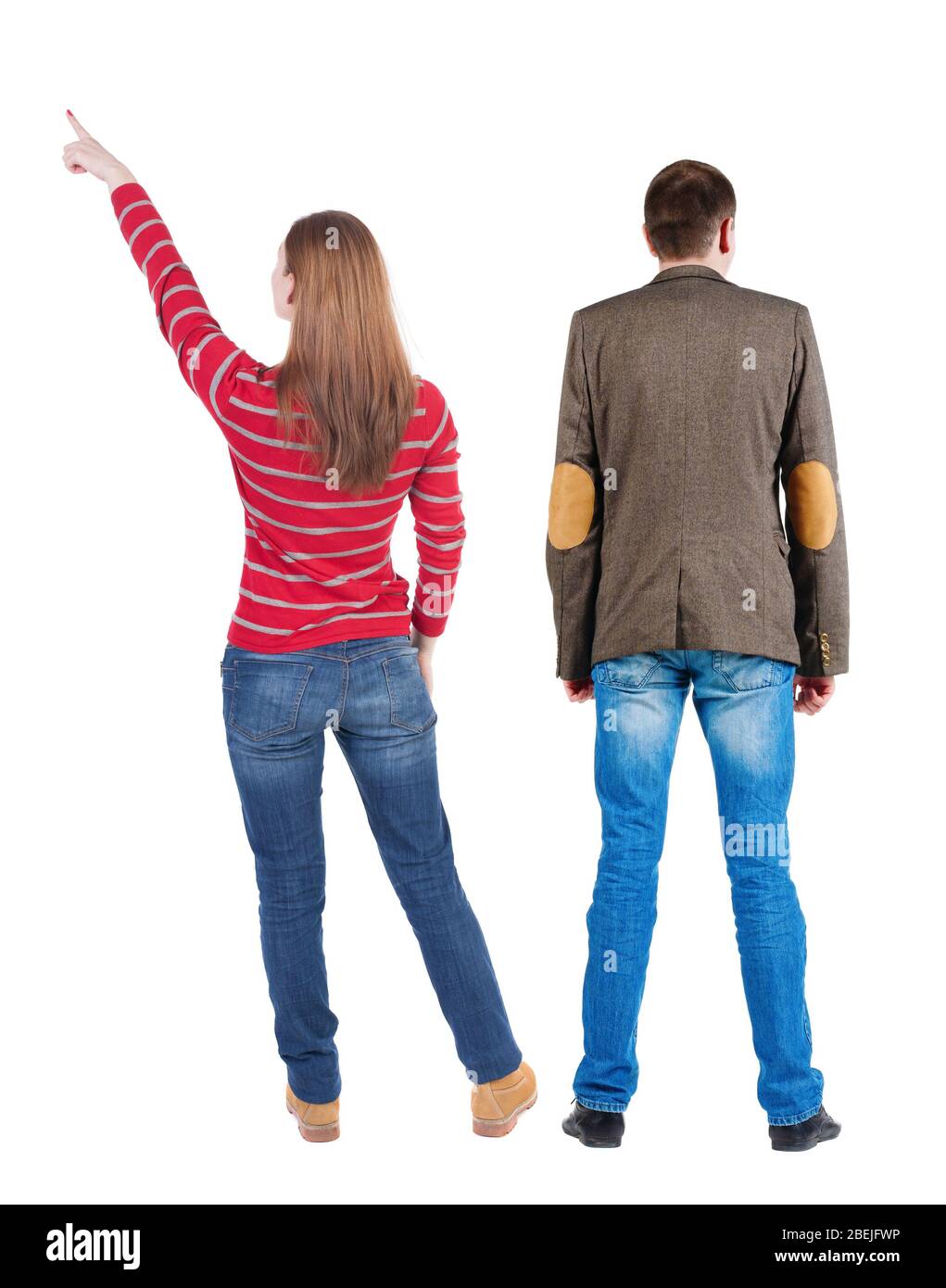 Back view of couple in sweater pointing. Rear view people collection ...