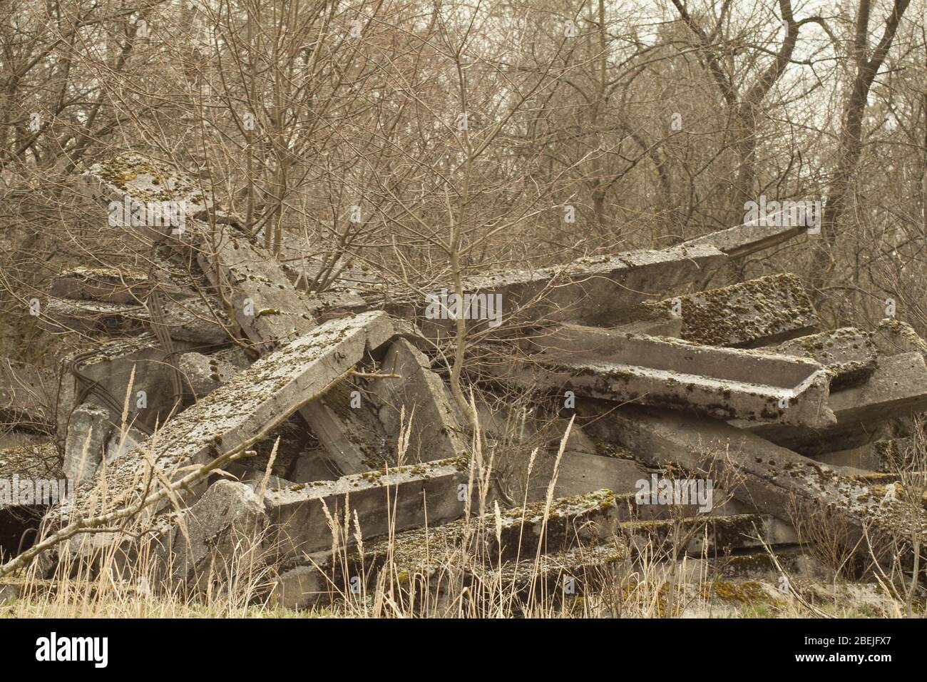 A pile of debris after a building collapses as a result of a disaster ...