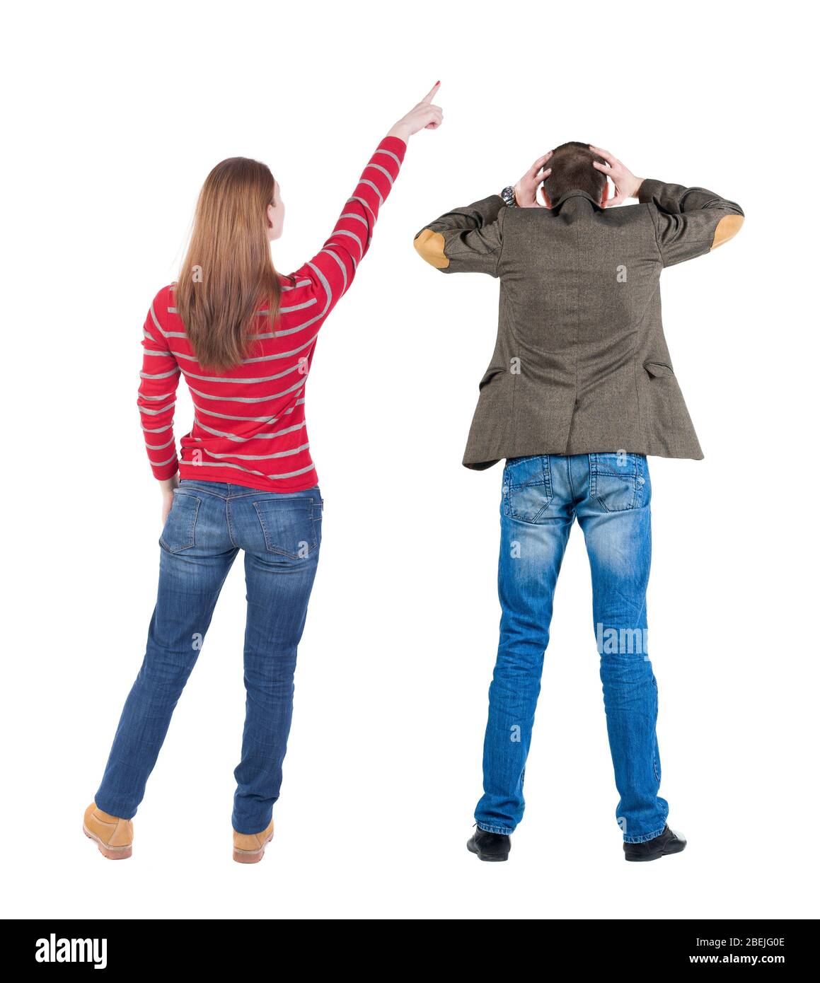 Back view of couple in sweater pointing. Rear view people collection ...