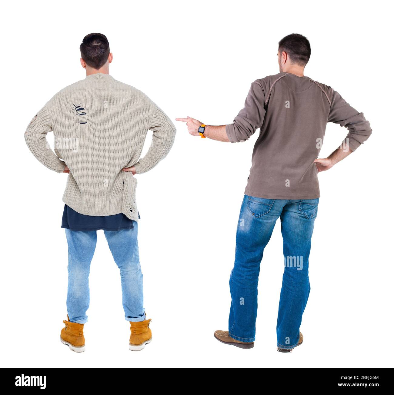 Back view of two man in sweater pointing. Rear view people collection ...
