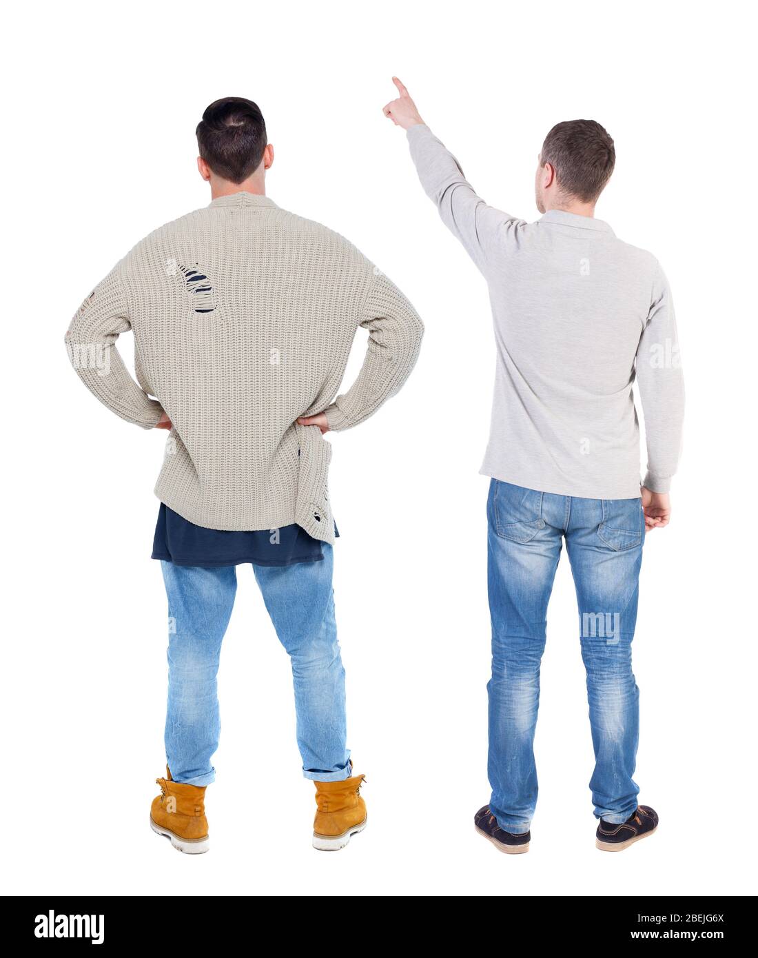 Back view of two man in sweater pointing. Rear view people collection ...