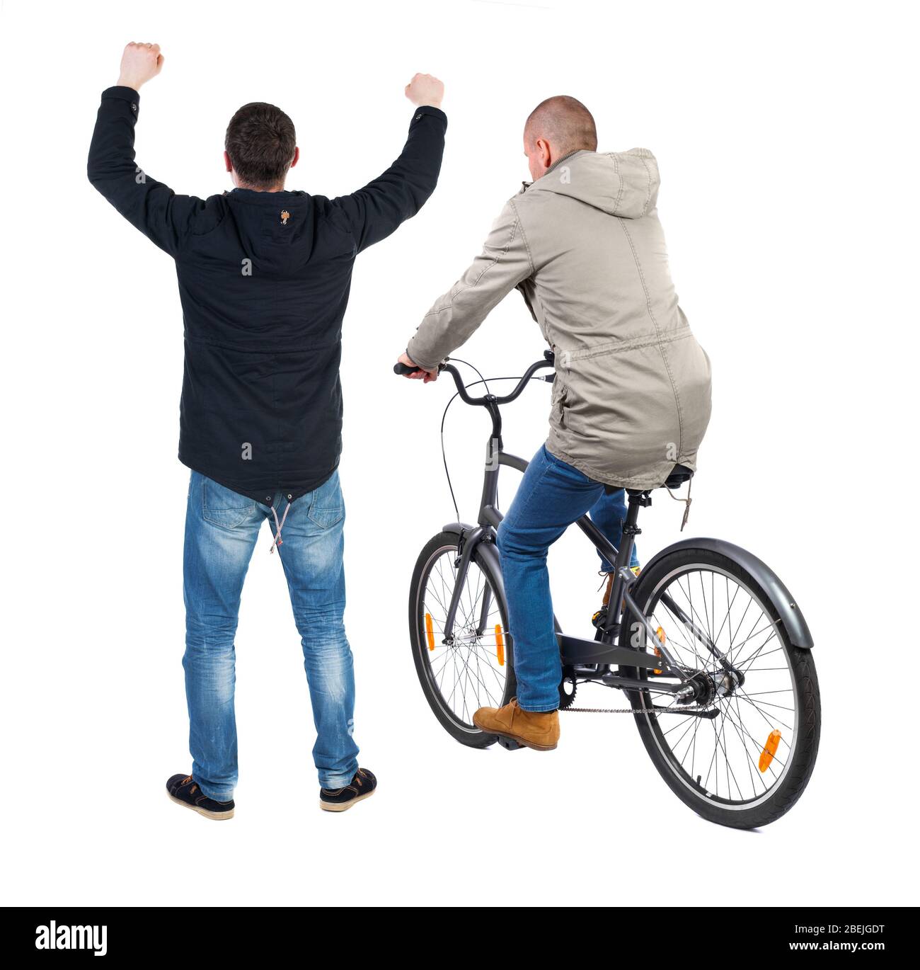 Back view of two man on a bicycle in winter jacket. Rear view people ...