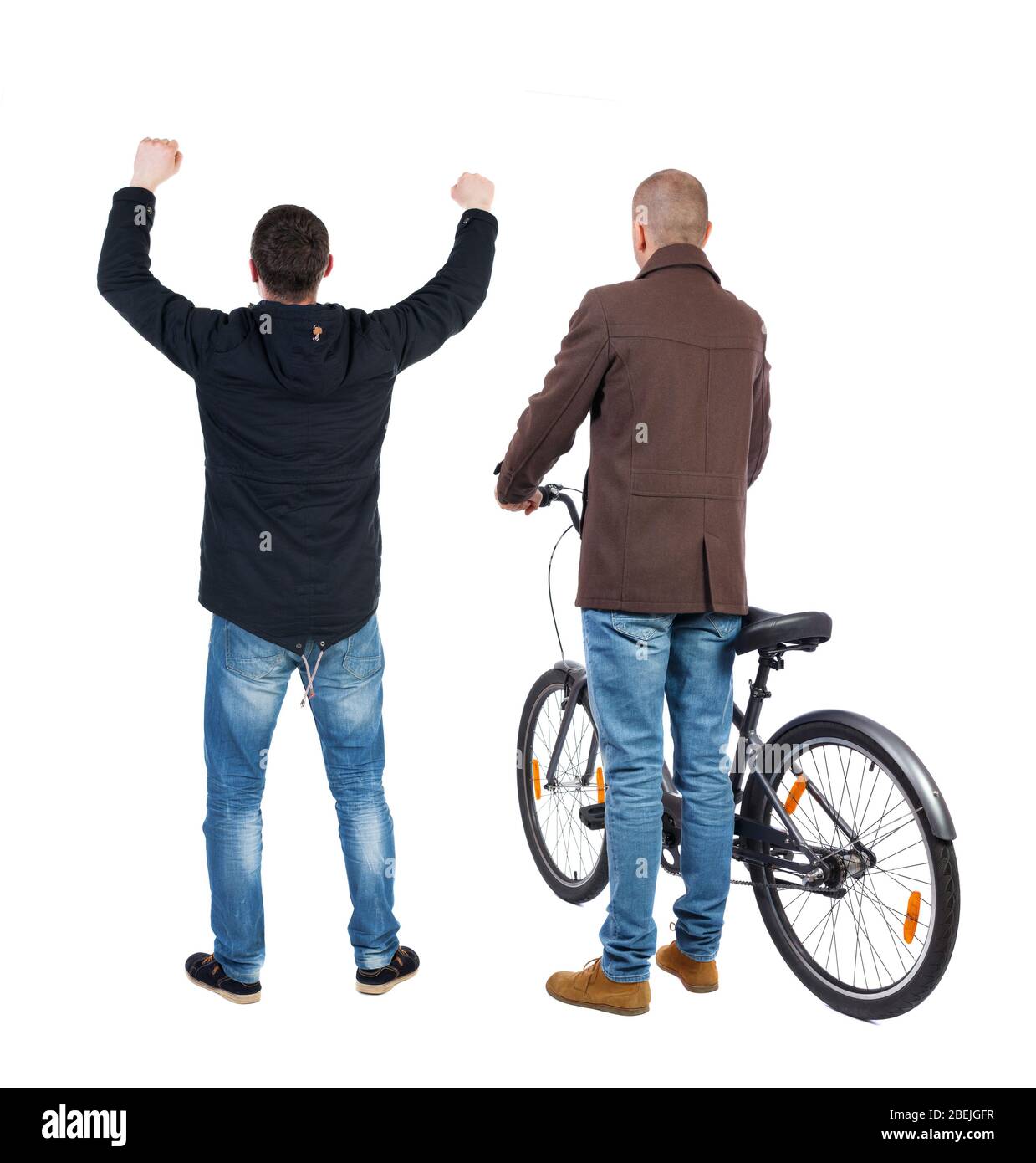 Back view of two man on a bicycle in winter jacket. Rear view people ...