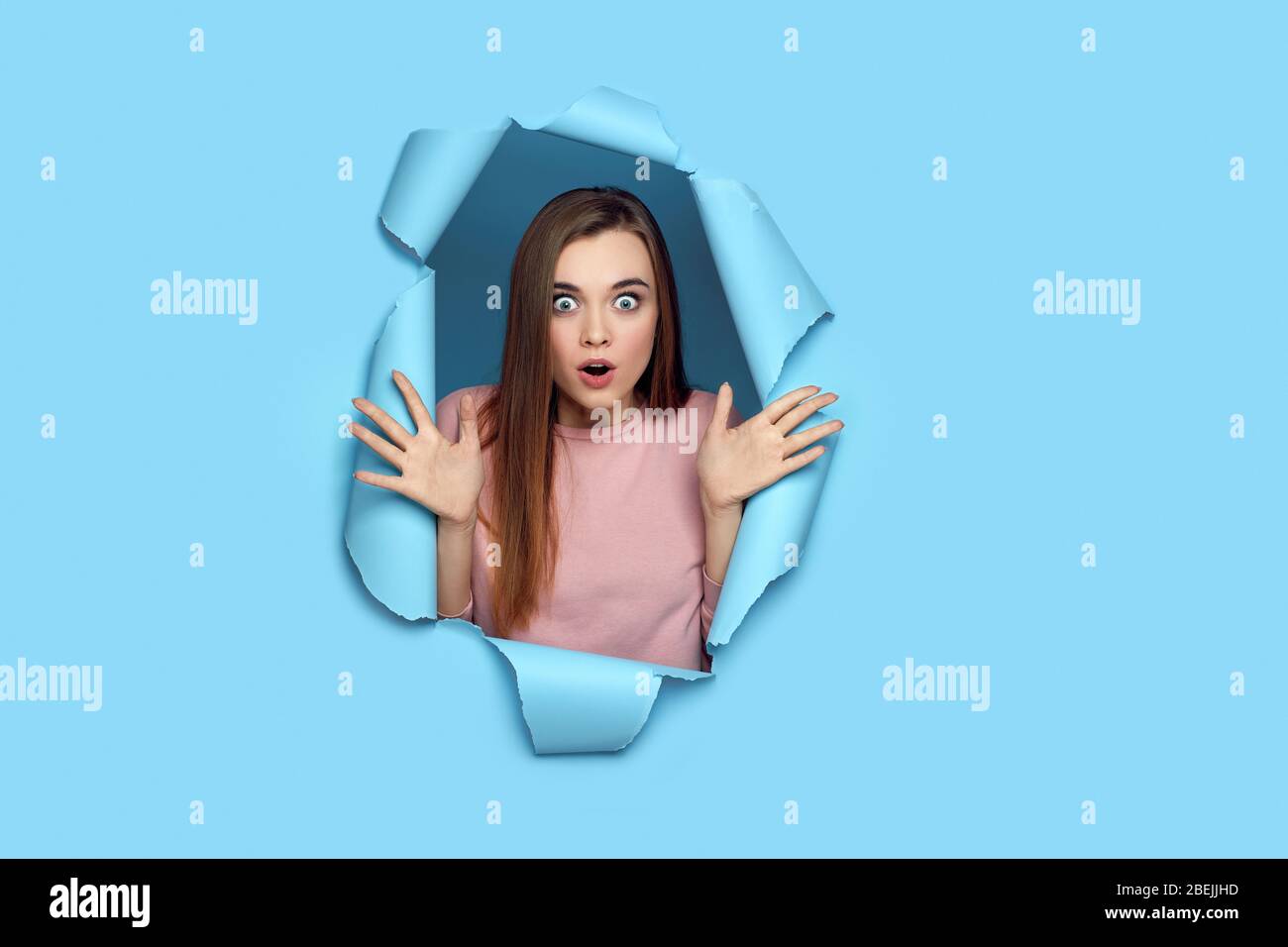 Portrait of beautiful surprised caucasian woman looking with scared ...