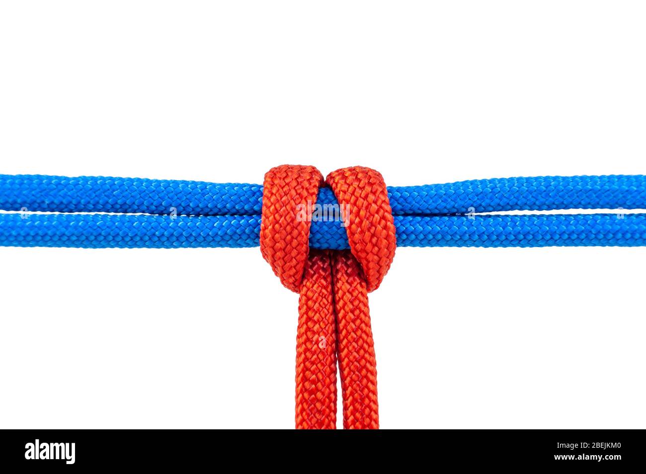 Two red and blue cords are connected . Knot on a cord isolated on a ...