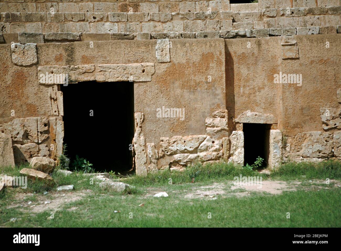 The ruins of Roman Amphitheatre on the Mediterranean seaside at Leptis ...