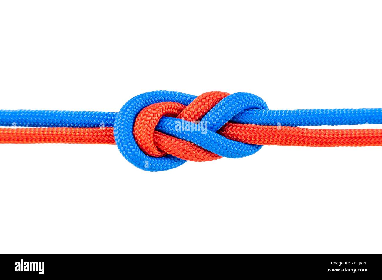 Two red and blue cords are connected . Knot on a cord isolated on a ...