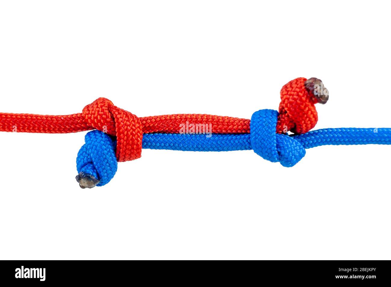 Two red and blue cords are connected . Knot on a cord isolated on a ...
