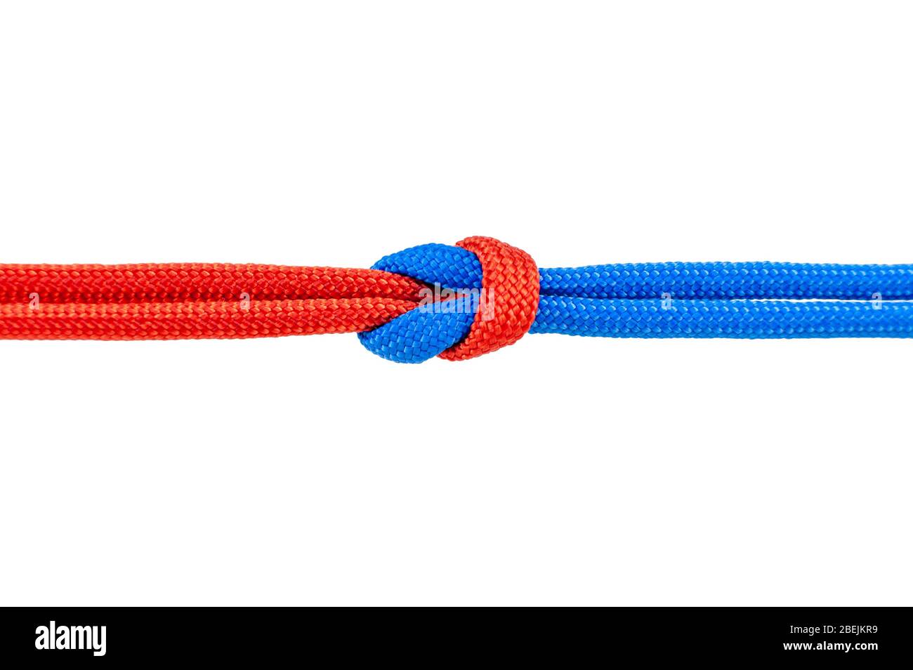 Two red and blue cords are connected . Knot on a cord isolated on a ...