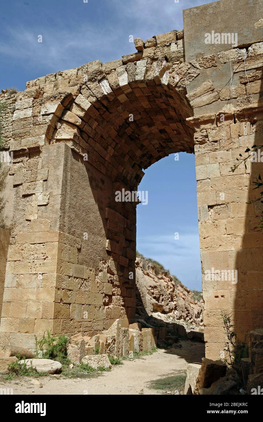 The ruins of Roman Amphitheatre on the Mediterranean seaside at Leptis ...