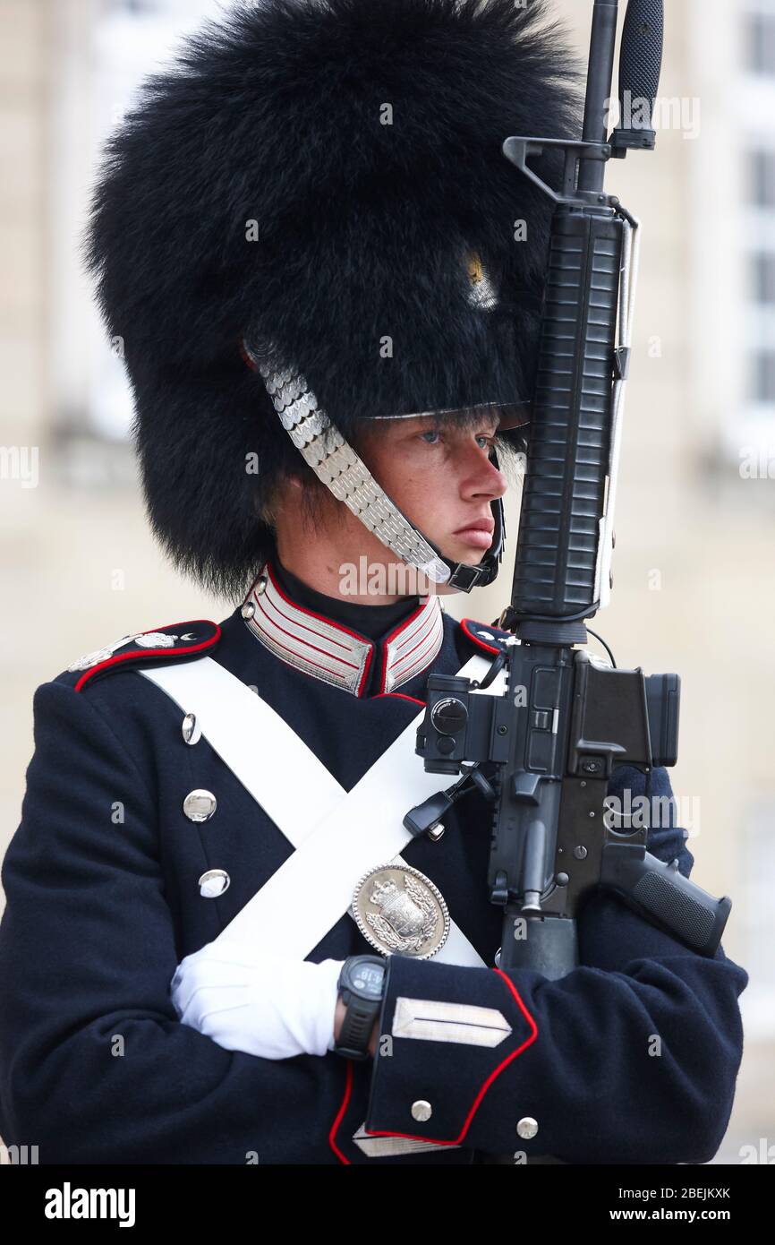 Denmark royal guard sentinel. Copenhaguen tourism landmark ceremonial ...