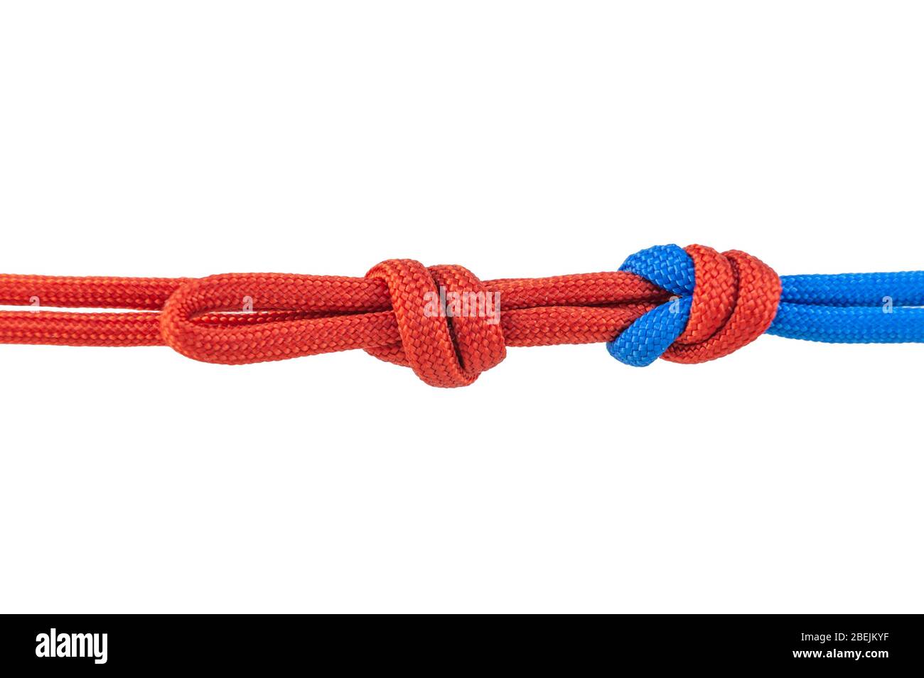 Two red and blue cords are connected . Knot on a cord isolated on a ...