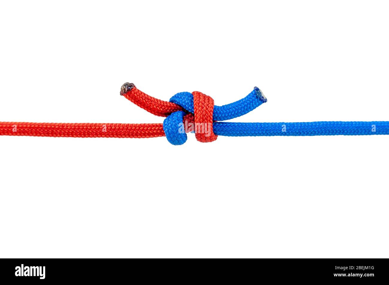 Two red and blue cords are connected . Knot on a cord isolated on a ...
