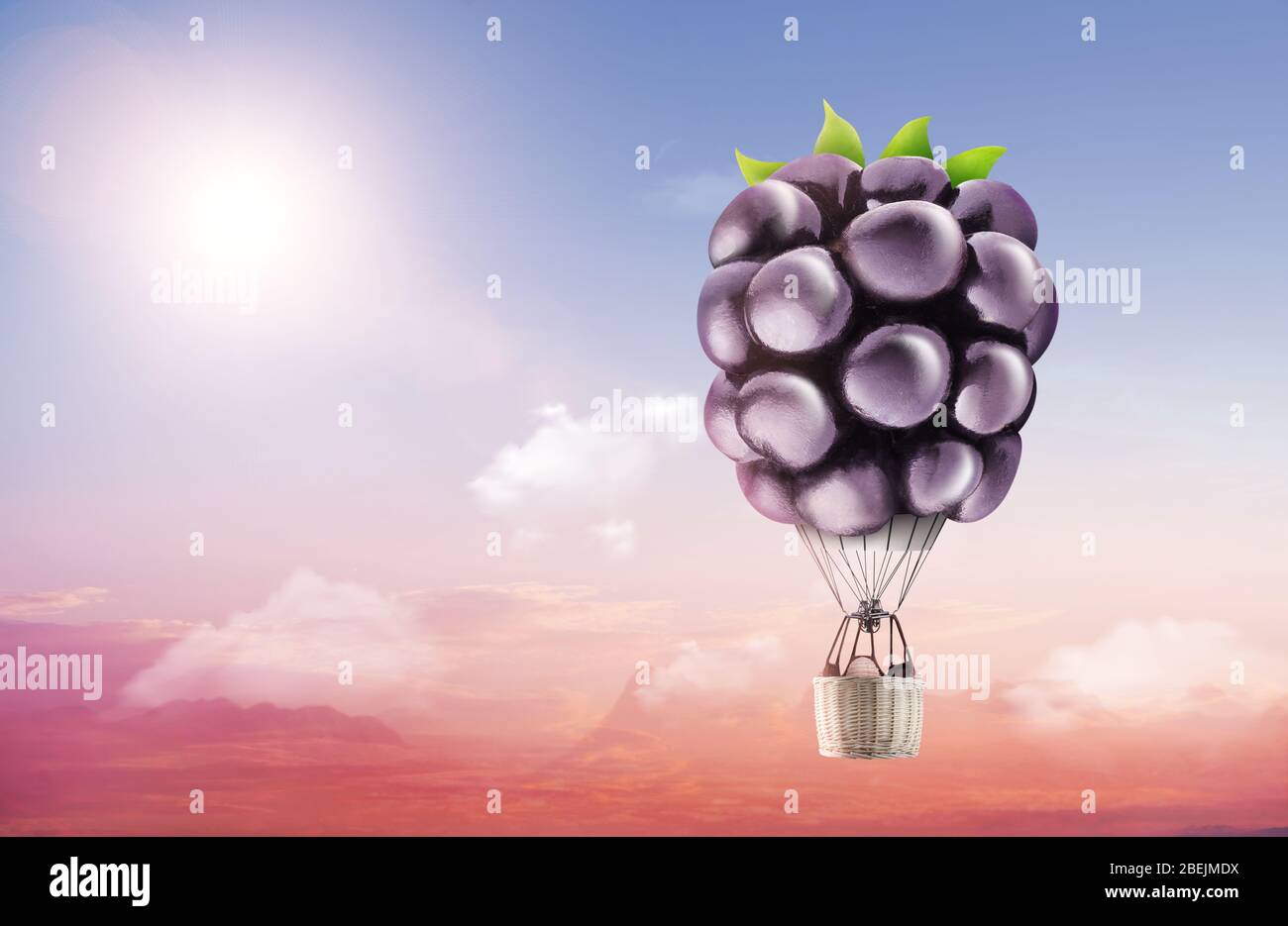 3D blackberry fruit hot air balloon floating in the blue sky; Air ...