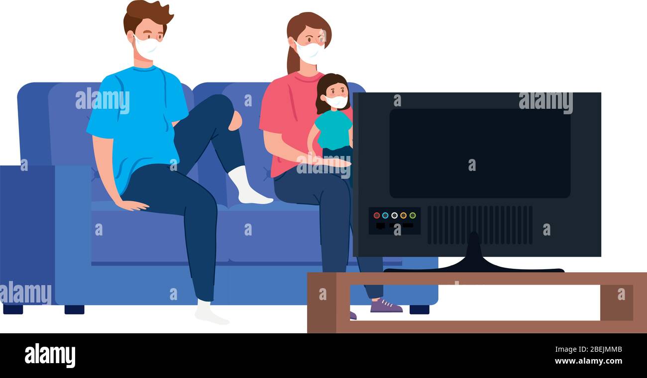 campaign stay at home with family using face mask watching tv Stock ...