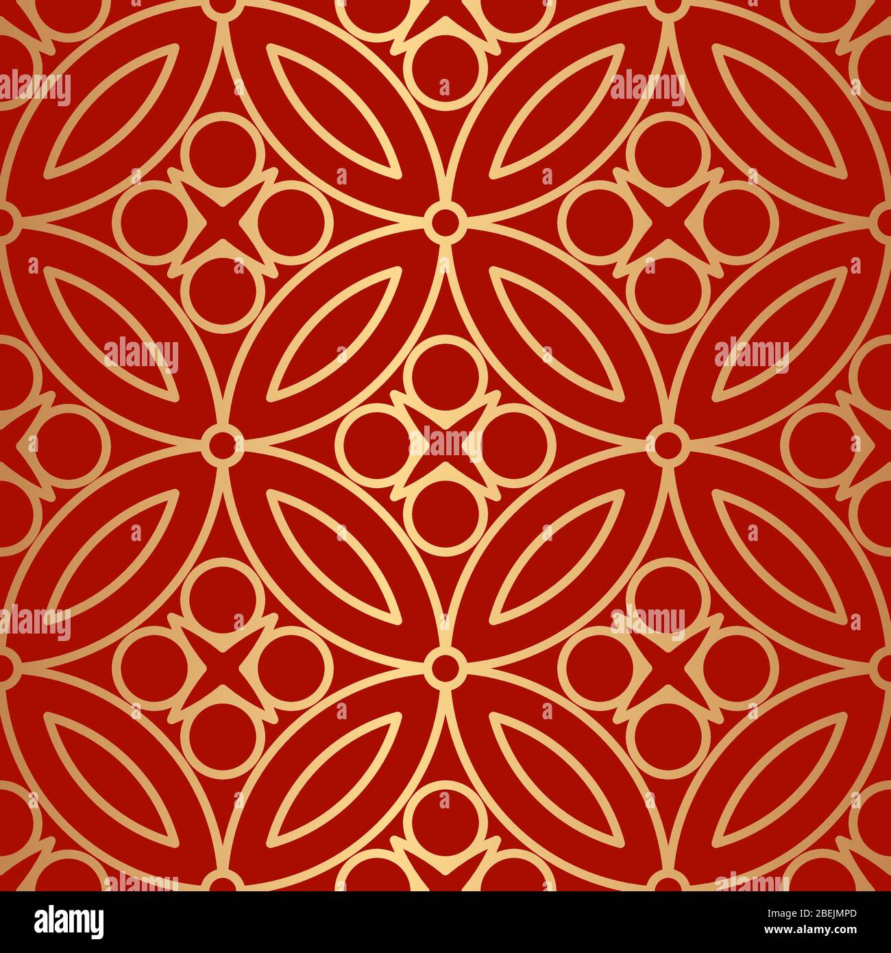 Decorative abstract geometrical golden seamless pattern on a red ...