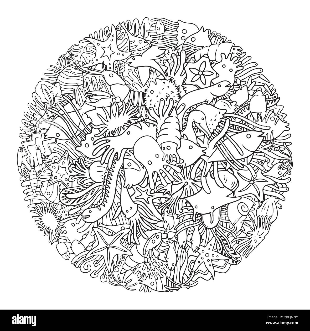 Sea Life doodle. Collection of marine ocean creatures doodle in a ...