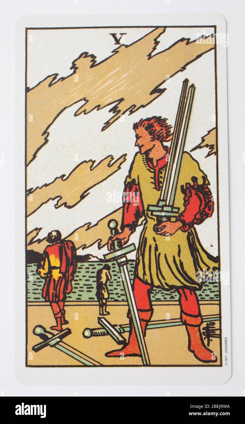 A single tarot card, the five of swords used for fortune telling Stock ...
