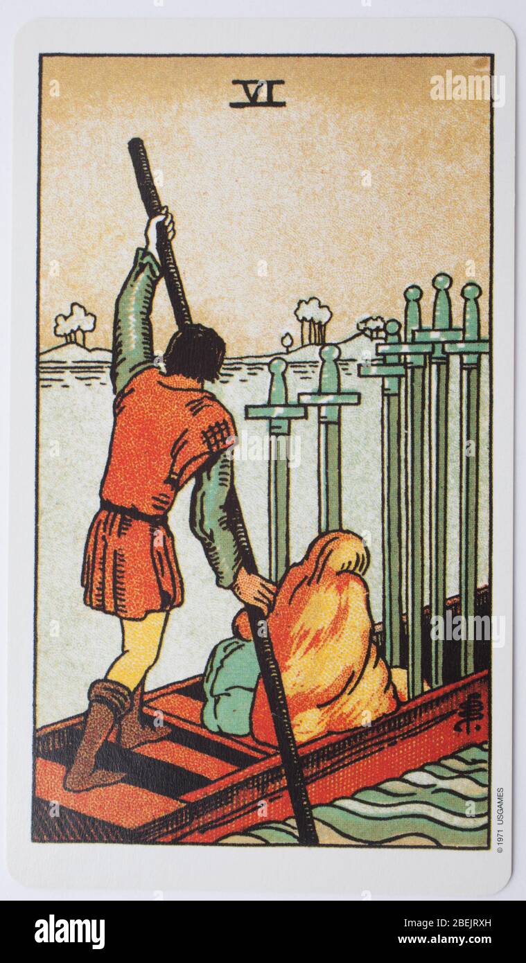A single tarot card, the six of swords used for fortune telling Stock ...
