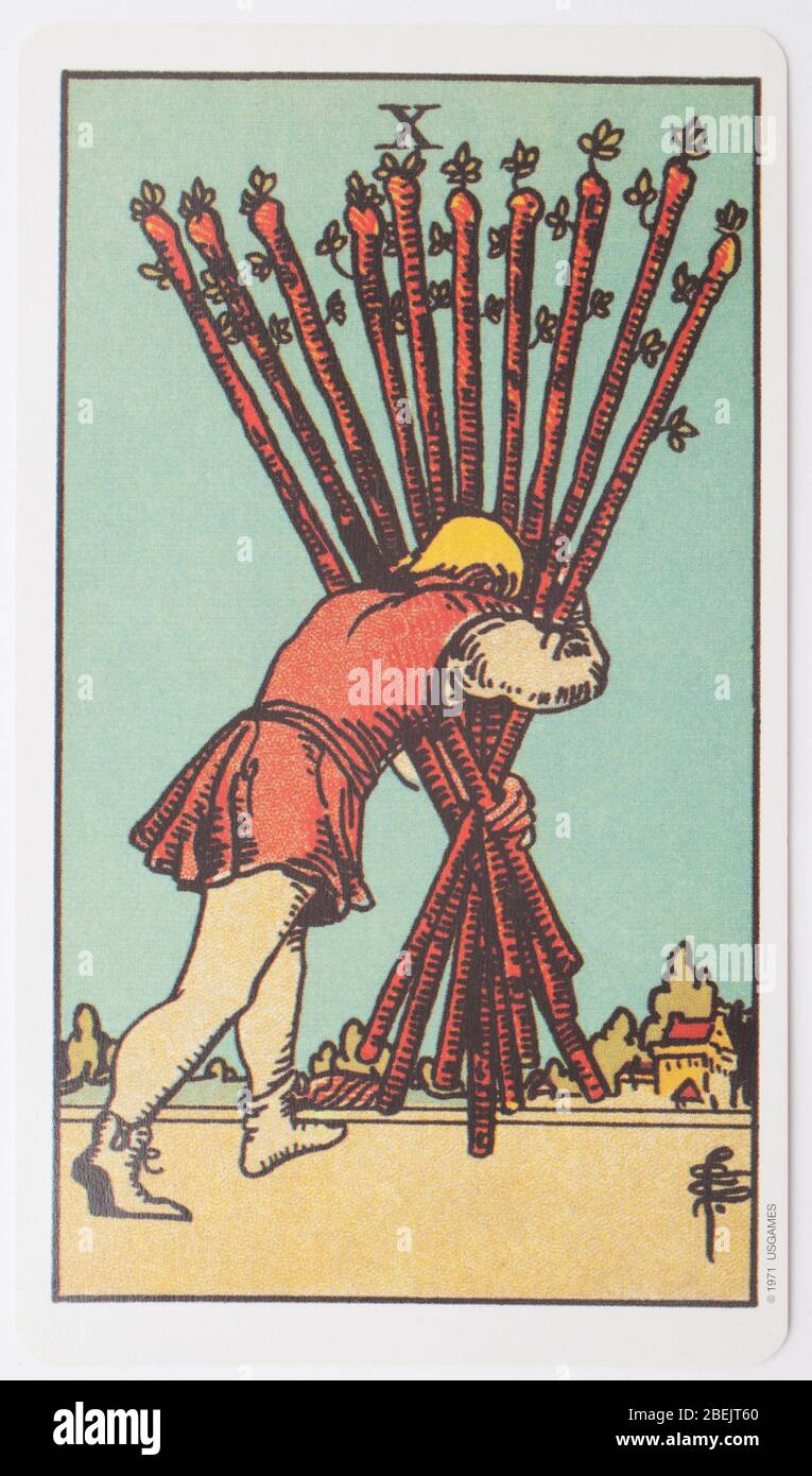 A single tarot card, The ten of Wands used for fortune telling Stock ...