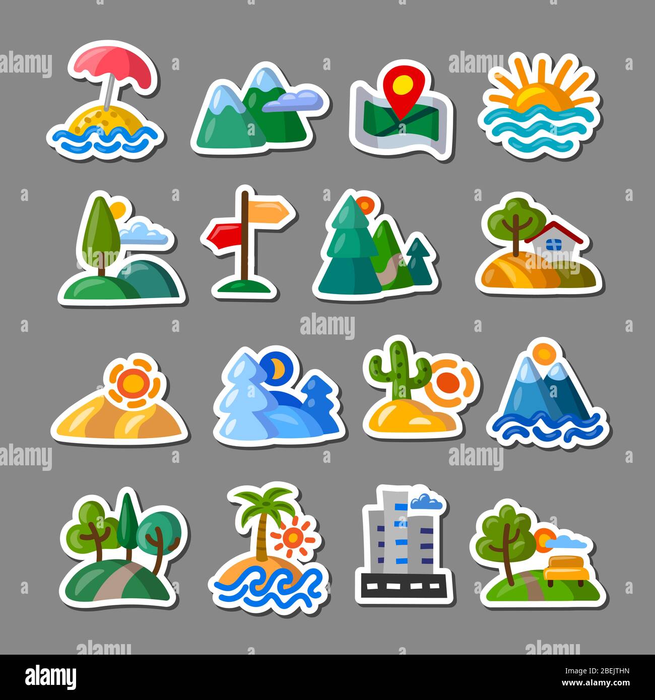 illustration of landscapes and nature cartoon stickers set Stock Vector ...