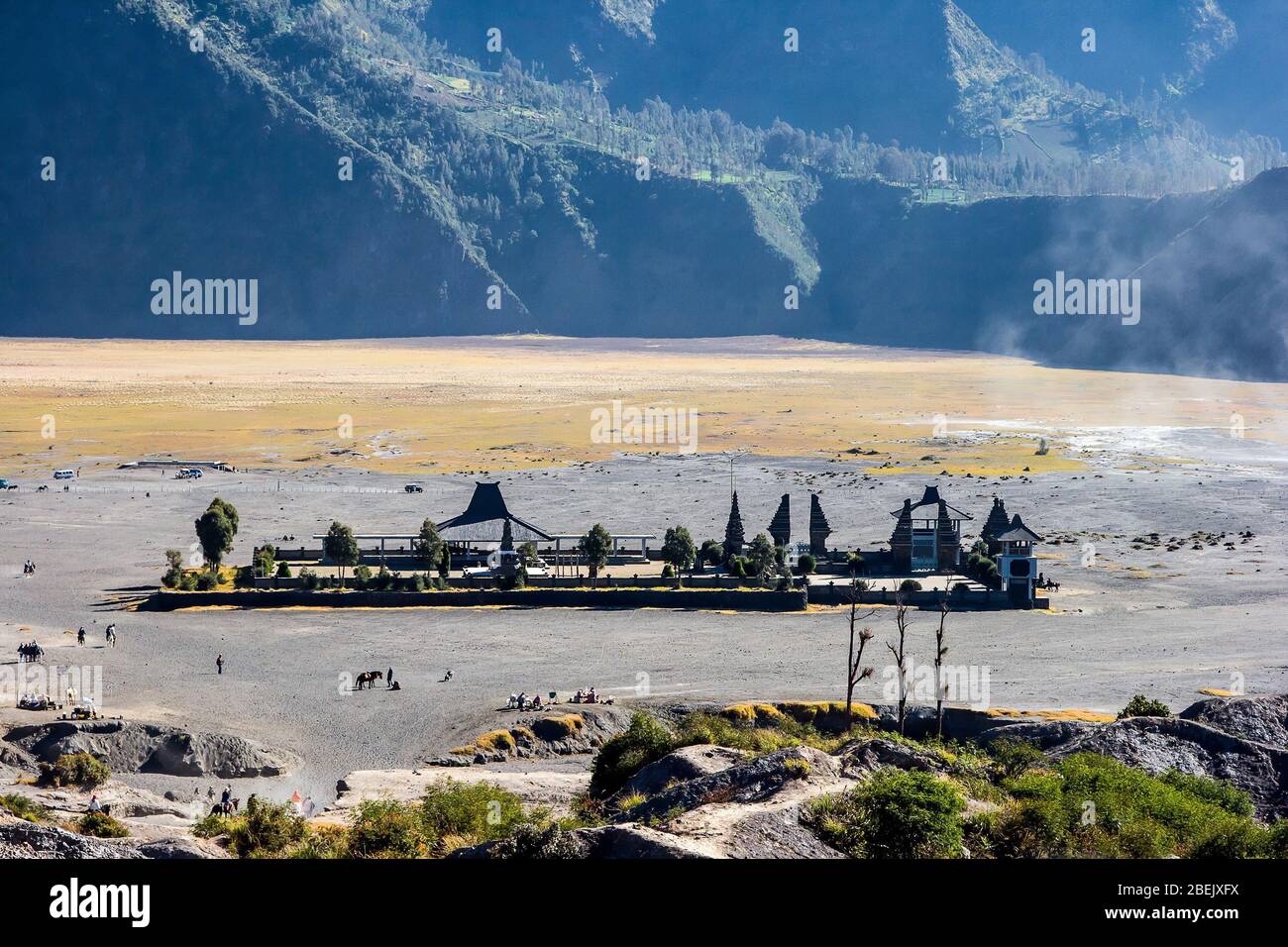 Panoramic view of Hindu temple at the foot of Mount Bromo volcano, Java ...