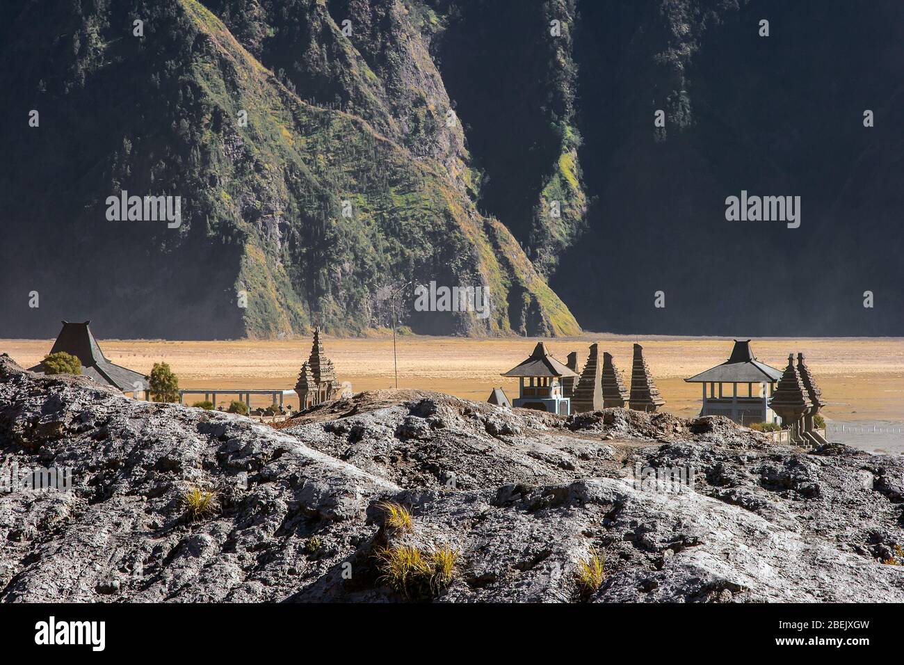Panoramic view of Hindu temple at the foot of Mount Bromo volcano, Java ...