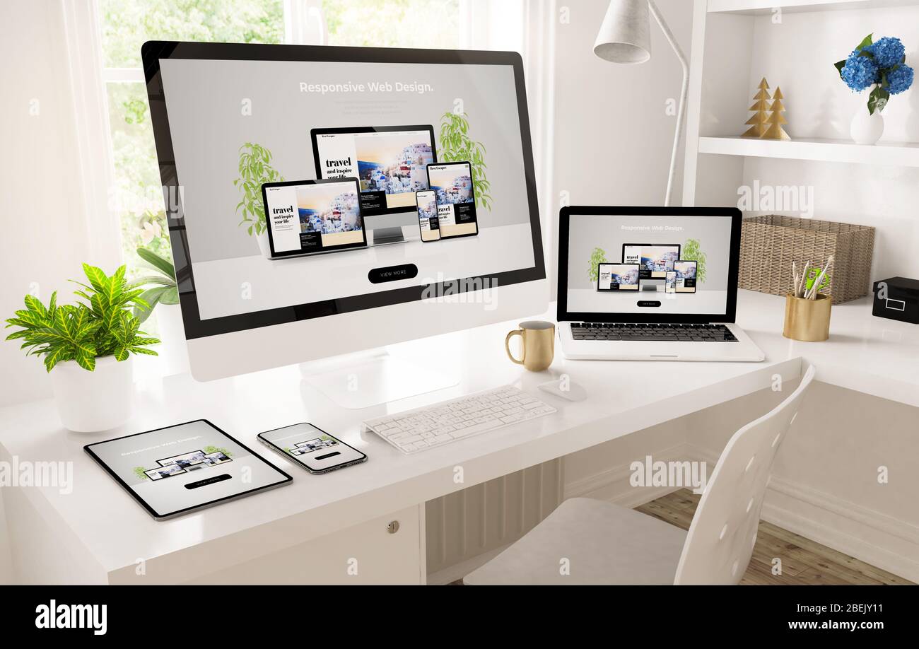 Responsive devices on home office setup 3d rendering Stock Photo - Alamy
