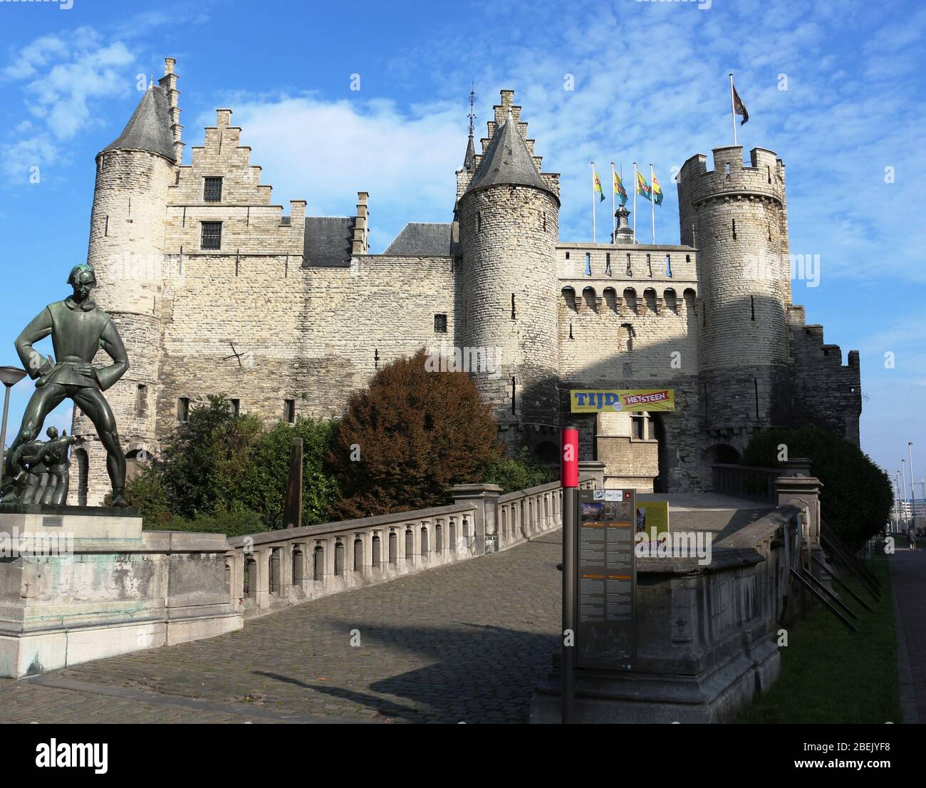 Statue of Lange Wapper front of Het Steen, Antwerp, Belgium Stock Photo ...