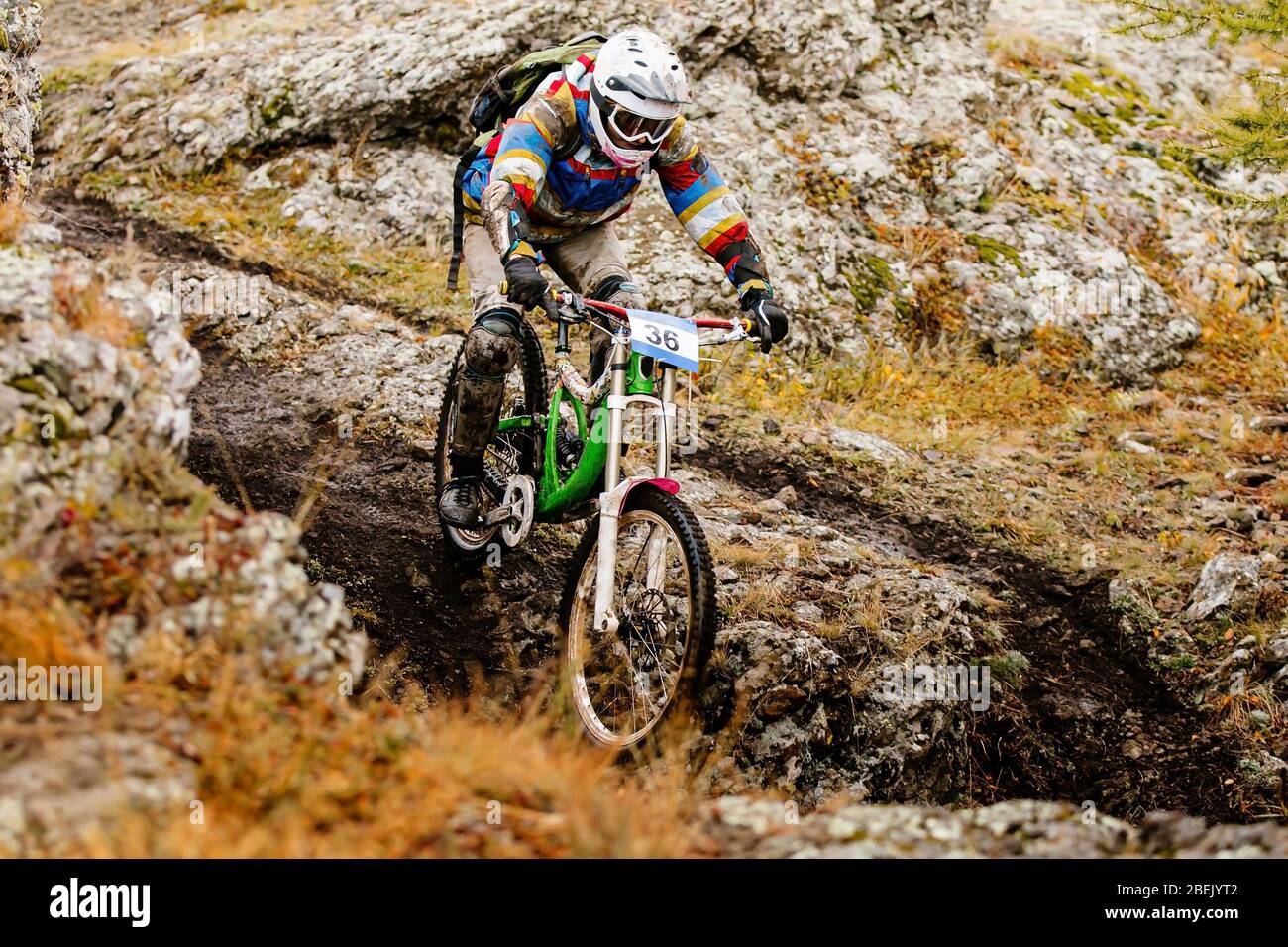 dirty rider riding on autumn trail in downhill race Stock Photo - Alamy