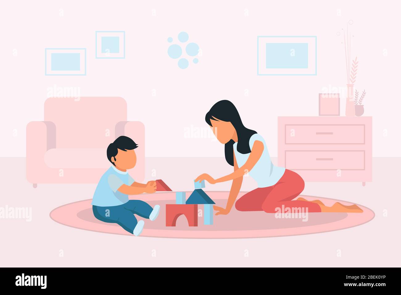 Mother and children playing with toys in the cozy living room at home ...