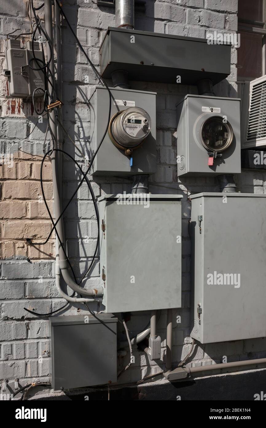 Vertical close-up shot of an electrical installation on a wall, Museum ...