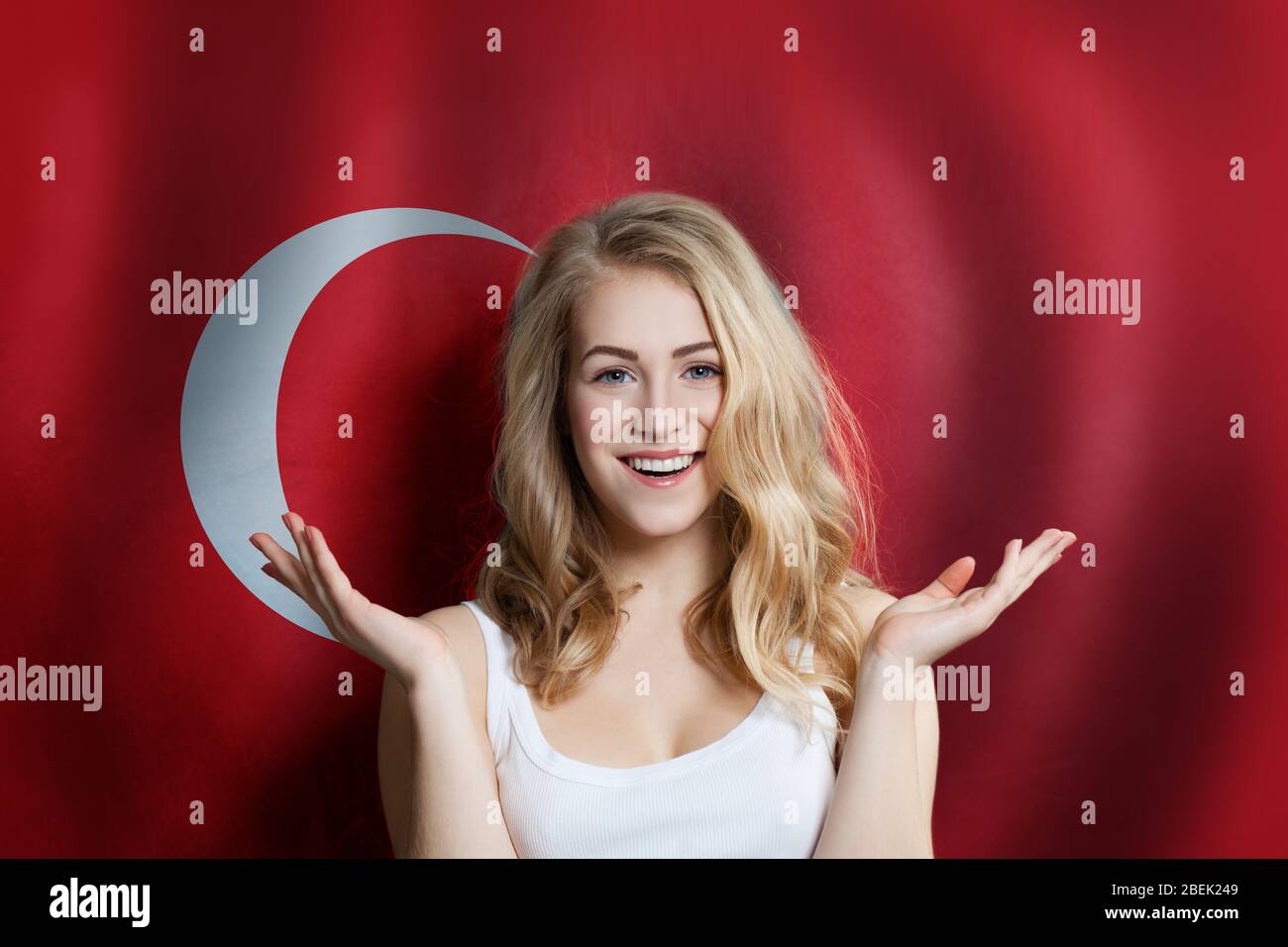 Surprised cute happy girl with Turkey flag background. Travel and learn ...