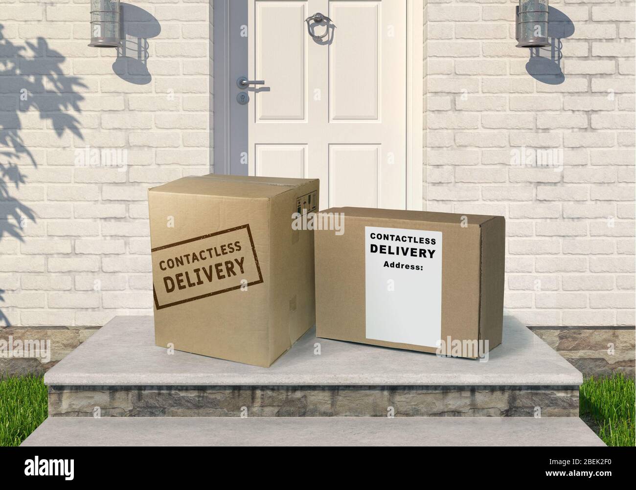 Contactless delivery concept, touch free shipping, cardboard boxes on the porch, safe order from ...