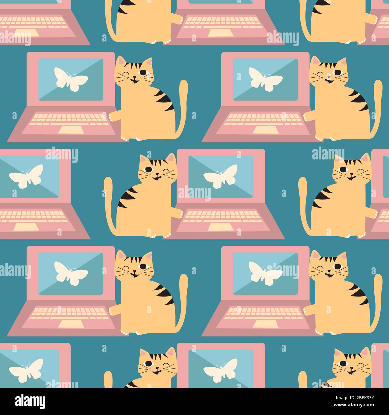 Cheeky cartoon cat and laptop vector seamless pattern background ...