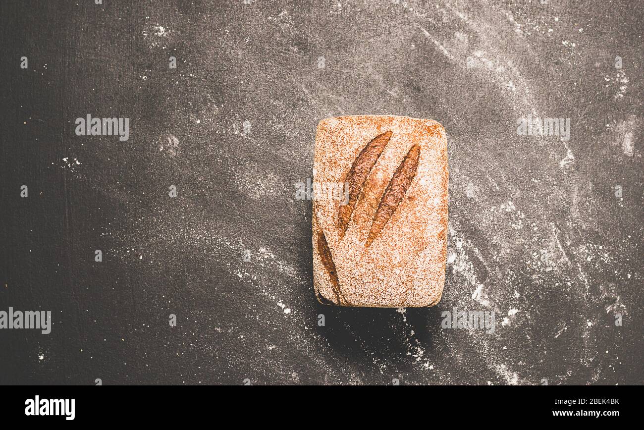 One bun of freshly baked bread on a black background. The concept of ...