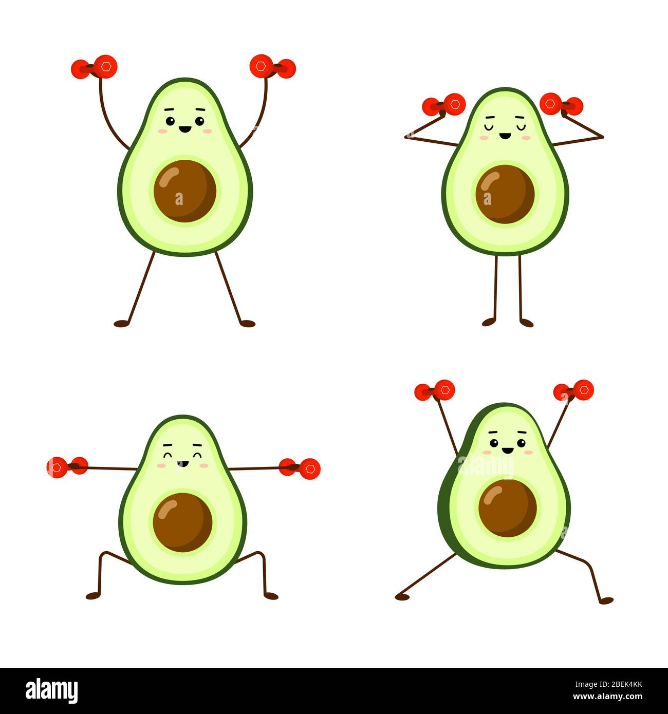 Set of avocado sport with red dumbbells. Avocado character design on ...