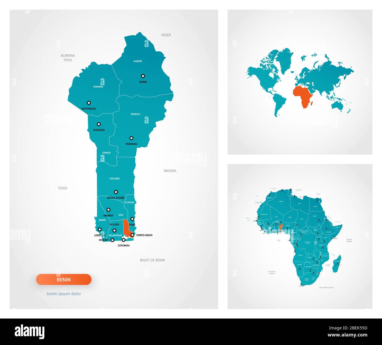 Editable template of map of Benin with marks. Benin on world map and on ...