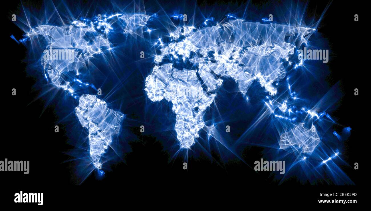 Illustration of a glowing world map using kirlian aura photography ...