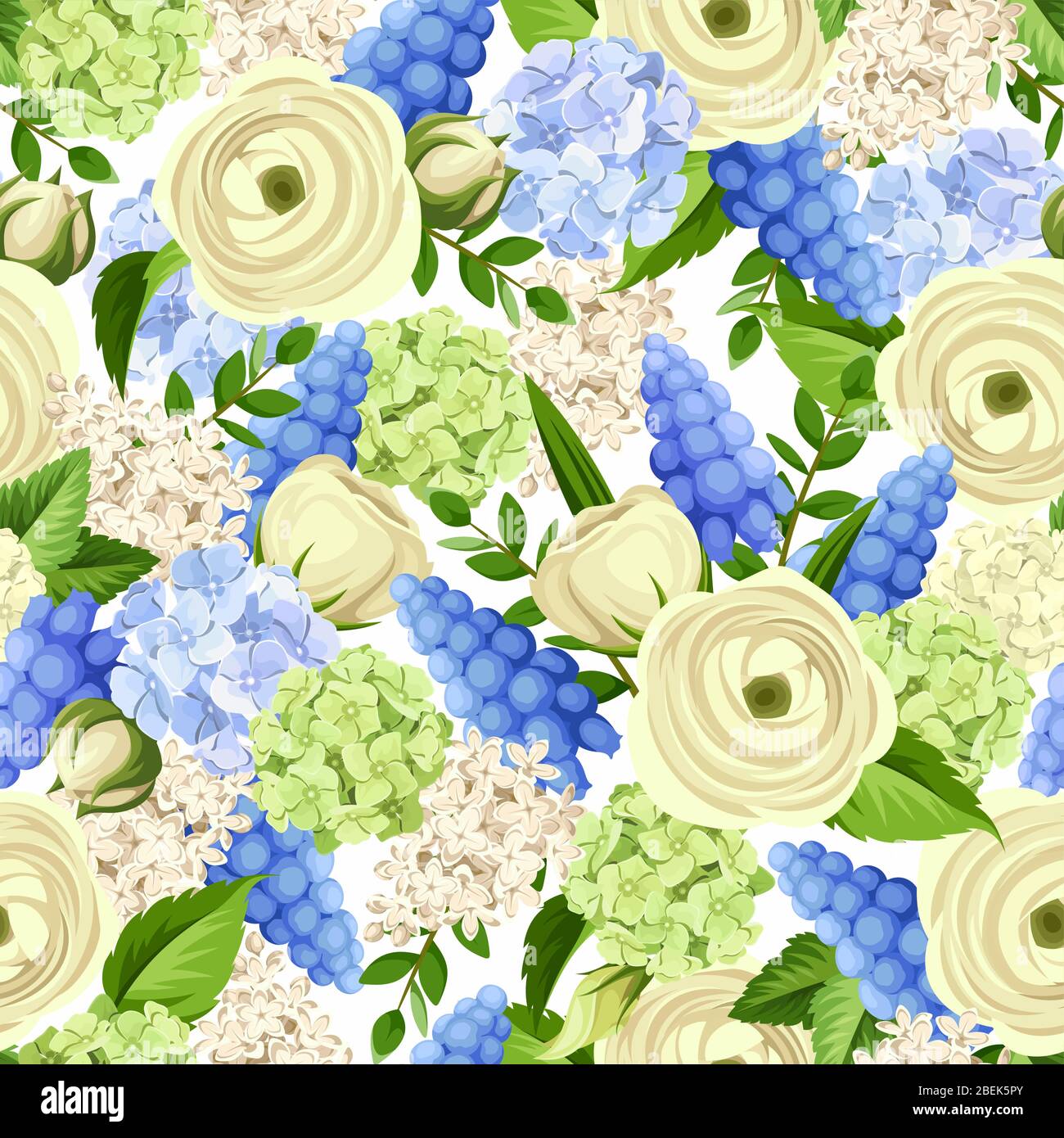 Vector seamless pattern with white ranunculus, blue hydrangea and ...
