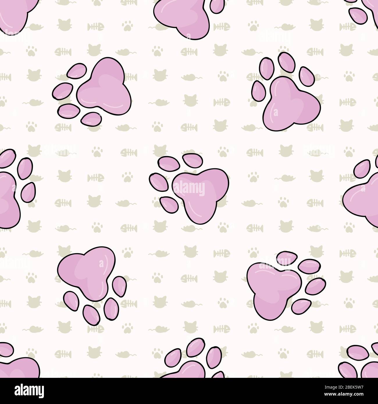 Hand drawn cute pink pet cat paw with claw seamless vector pattern ...