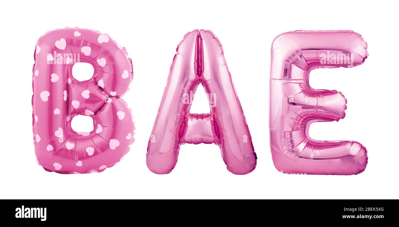 BAE word made of pink inflatable balloons isolated on white background ...