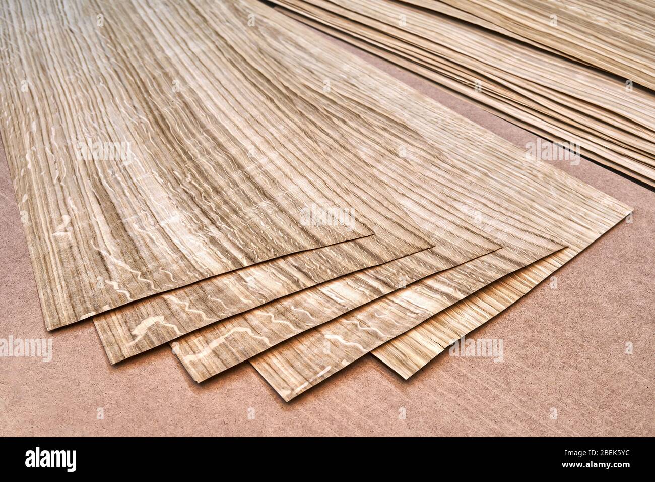 Oak veneer. Oak texture. Spliced oak veneer on the table in the ...