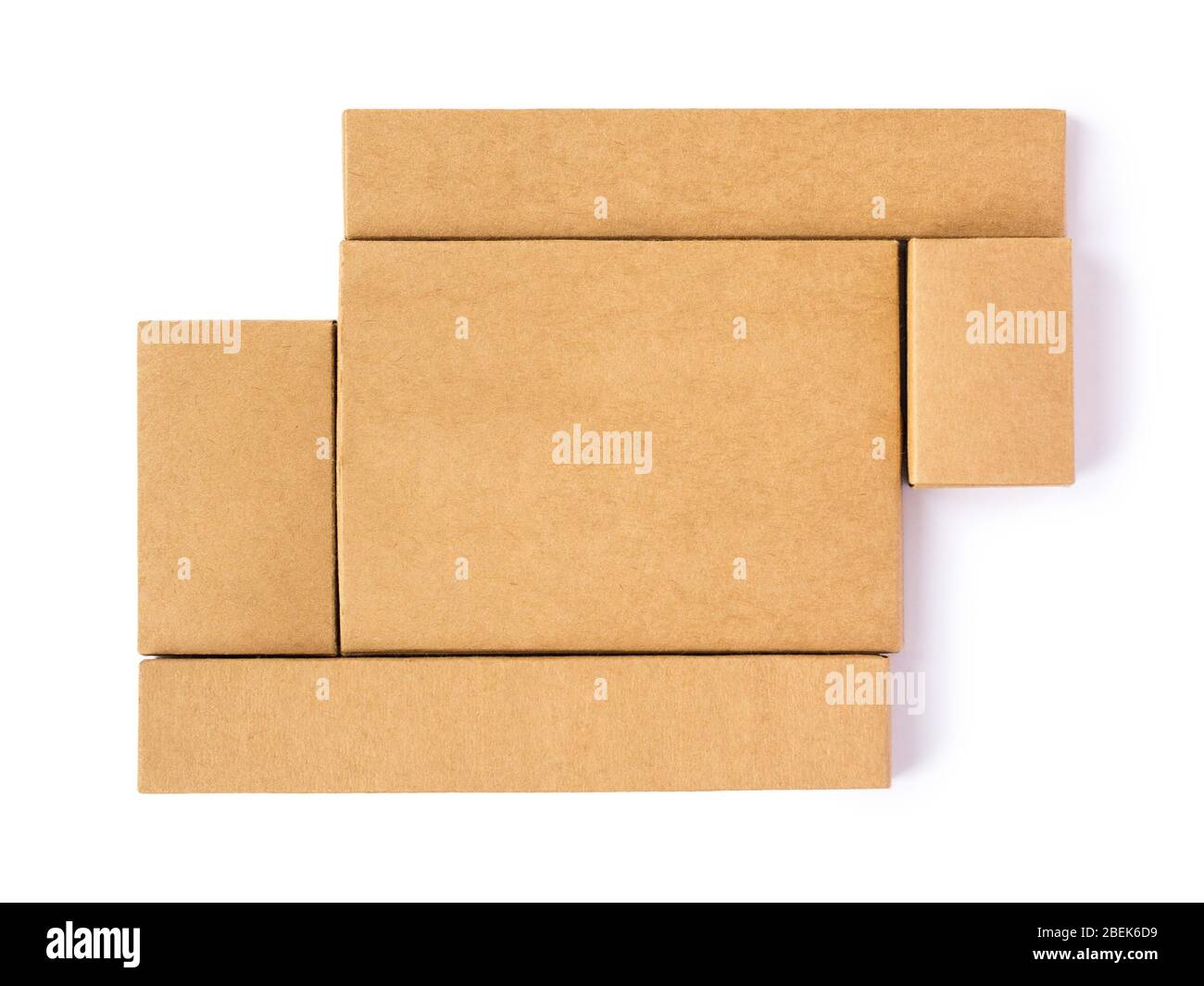 Flat lay of group of cardboard boxes isolated on a white background ...