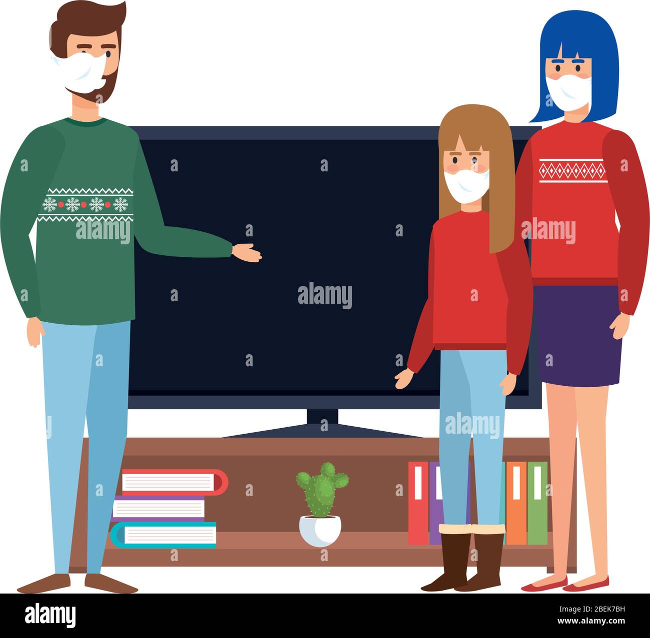 campaign stay at home with family using face mask watching tv Stock ...