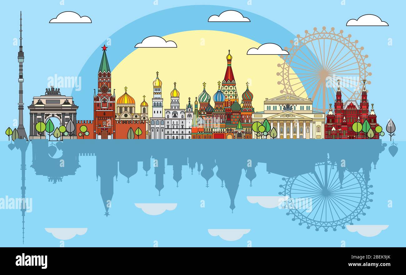 Colorful Moscow travel illustration with architectural landmarks front ...
